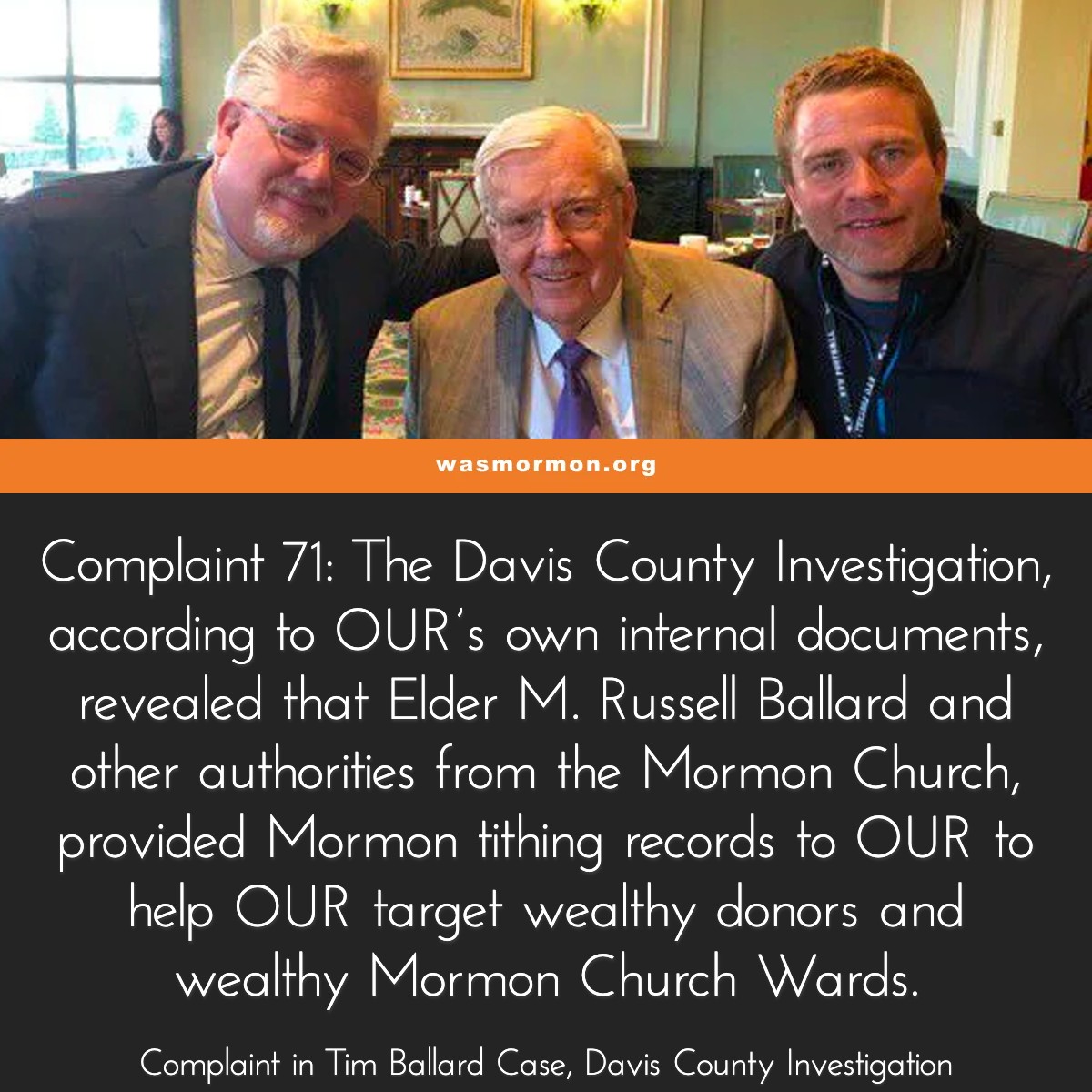 Elder Ballard Gave Mormon Tithing Records to Tim Ballard as Potential ...